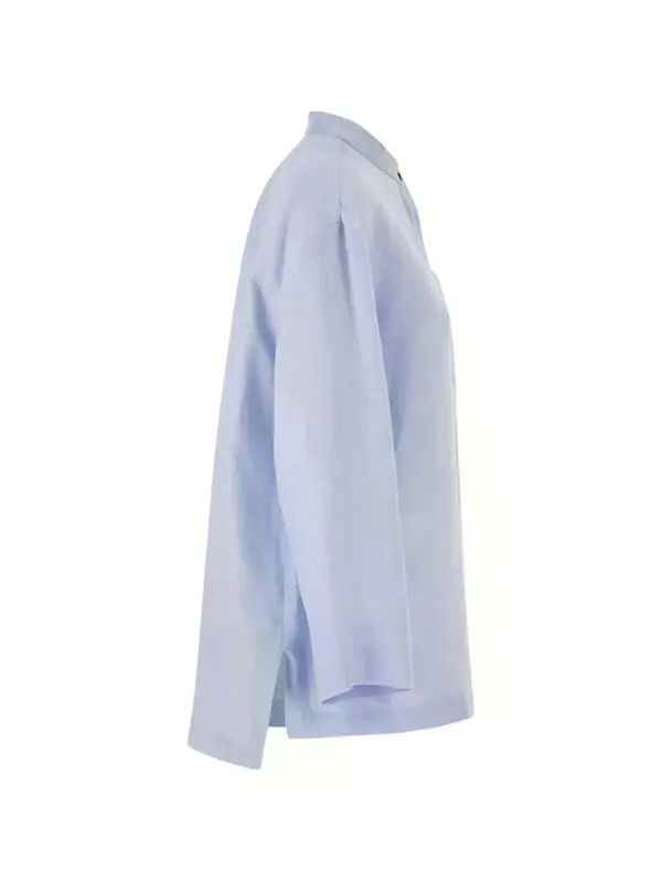 Max Mara Mandarin Collar Patch Pocket Linen Polo Top - Blue