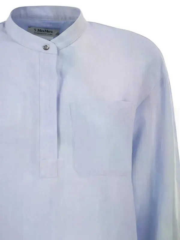 Max Mara Mandarin Collar Patch Pocket Linen Polo Top - Blue