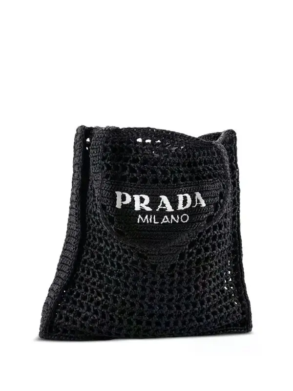 Prada Triangle Logo Open Raffia Tote Bag - Black