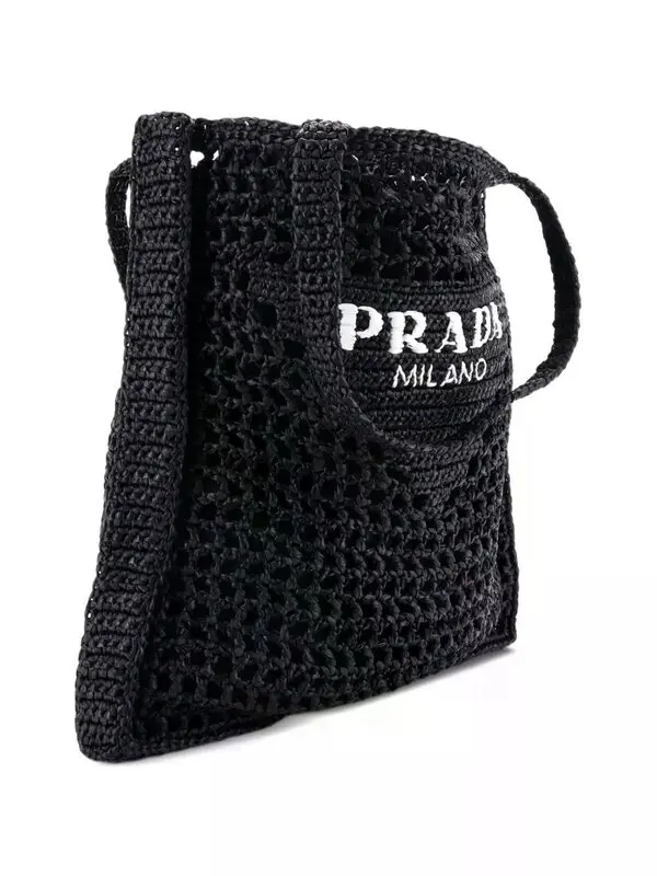 Prada Triangle Logo Open Raffia Tote Bag - Black