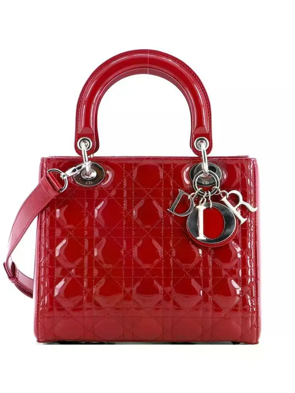 Dior Lady Cannage Quilt Patent Medium Satchel - Red