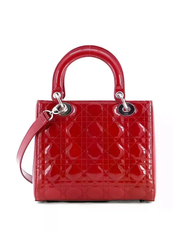 Dior Lady Cannage Quilt Patent Medium Satchel - Red
