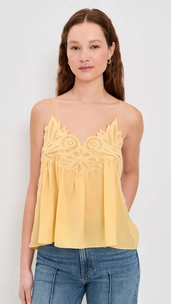 Ulla Johnson Rosie Lace Applique Silk Tank Top - Dandelion