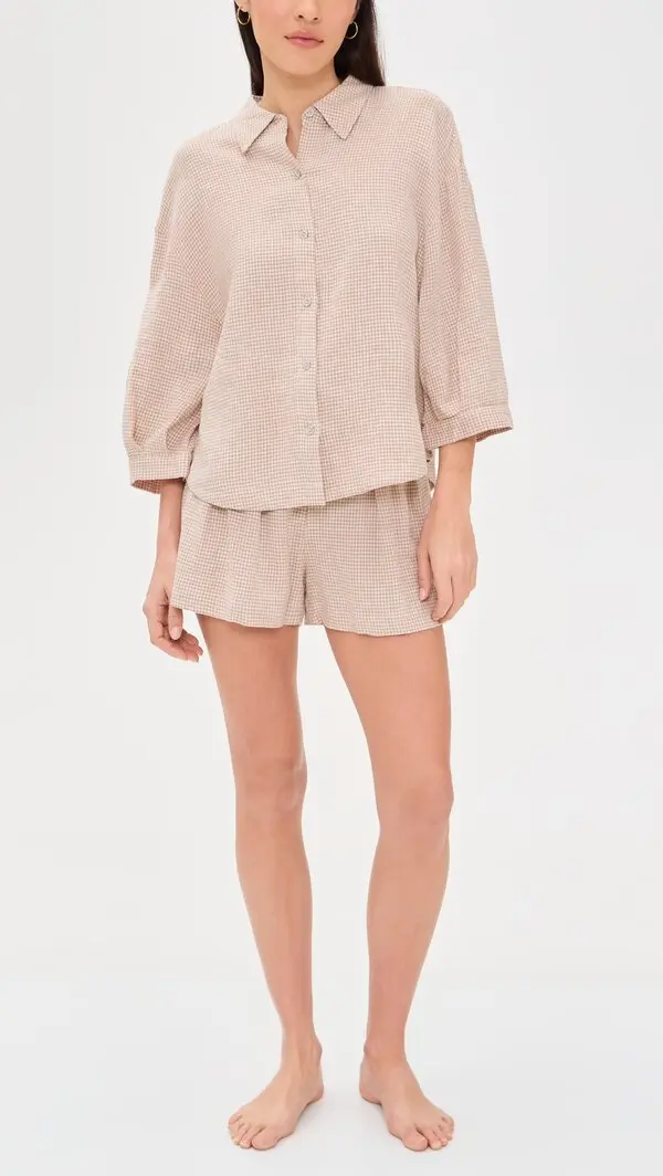 Eberjey Linen Blend Relaxed Shorts - Gingham White