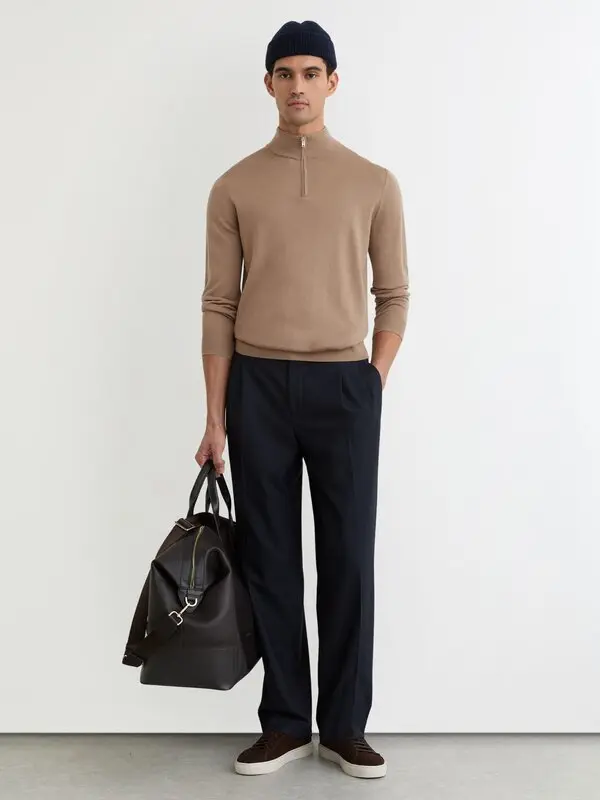 REISS Blackhall Wool Half-zip Funnel Neck Jumper - Camel Brown