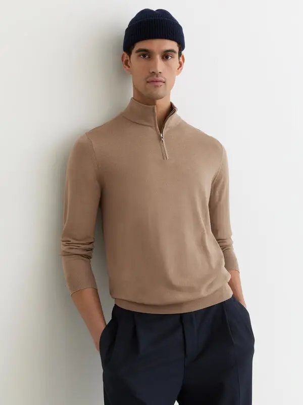 REISS Blackhall Wool Half-zip Funnel Neck Jumper - Camel Brown