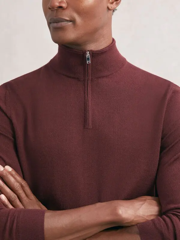 REISS Blackhall Merino Wool Half-zip Funnel Neck Jumper - Port Red