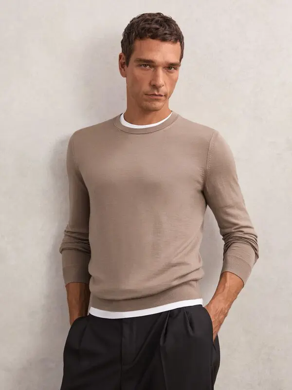 REISS Wessex Merino Wool Crew Neck Jumper - Camel Brown
