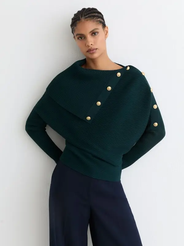 REISS Rib-knit Button Shawl Jumper - Teal Blue