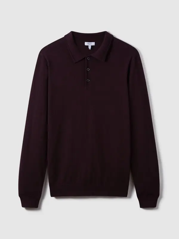 REISS Trafford Merino Wool Long-sleeve Polo Shirt - Dark Bordeaux