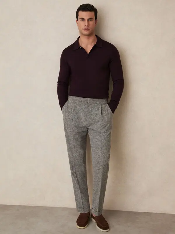 REISS Trafford Merino Wool Long-sleeve Polo Shirt - Dark Bordeaux