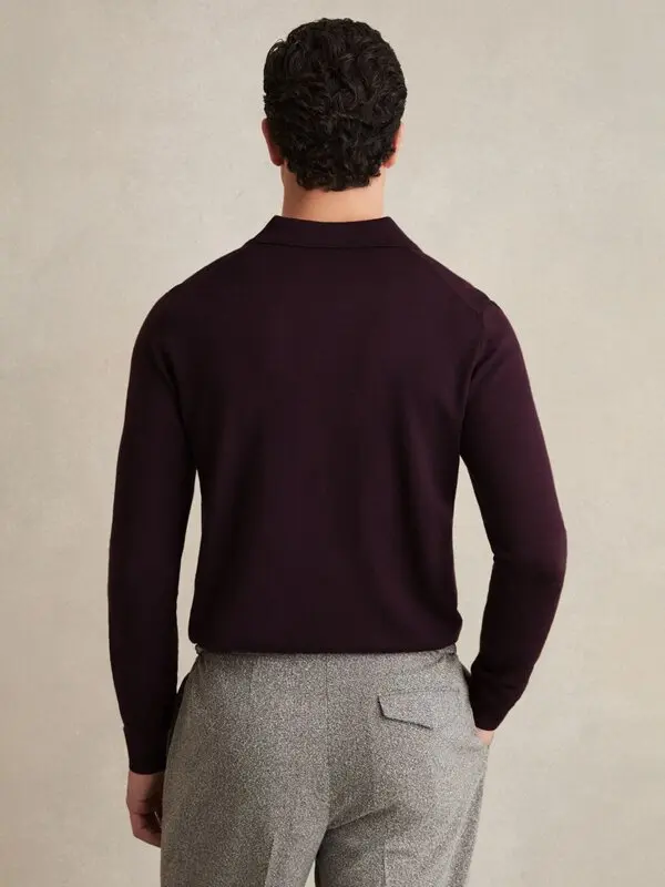 REISS Trafford Merino Wool Long-sleeve Polo Shirt - Dark Bordeaux