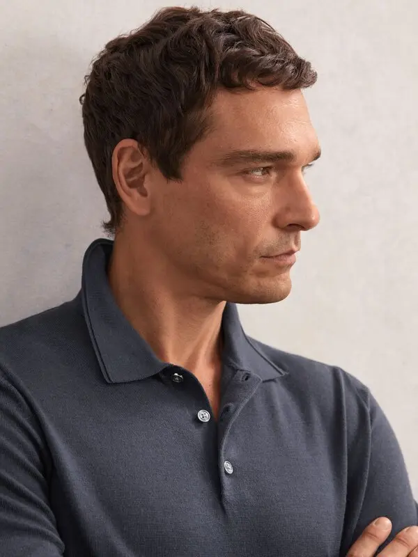 REISS Trafford Wool Long-sleeve Polo Shirt - Midnight Navy