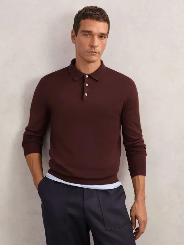 REISS Trafford Wool Long-sleeve Polo Shirt - Port Red