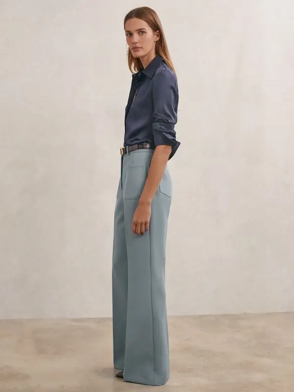 REISS Priya Petite Twill Flared Trousers - Blue