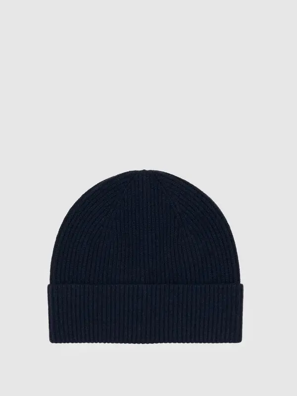 REISS Wool Rib-knit Beanie - Navy