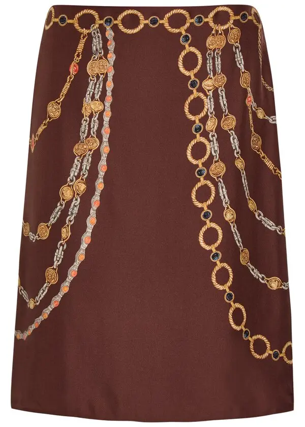 Versace Printed Silk Midi Skirt - Brown