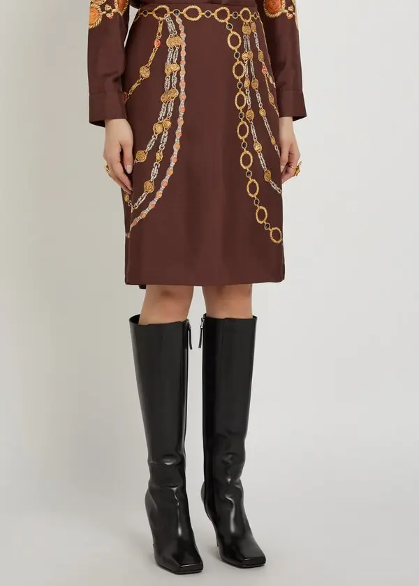 Versace Printed Silk Midi Skirt - Brown