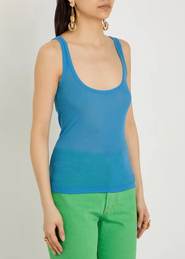 Versace Ribbed Wool Tank Top With Logo Embroidery - Blue
