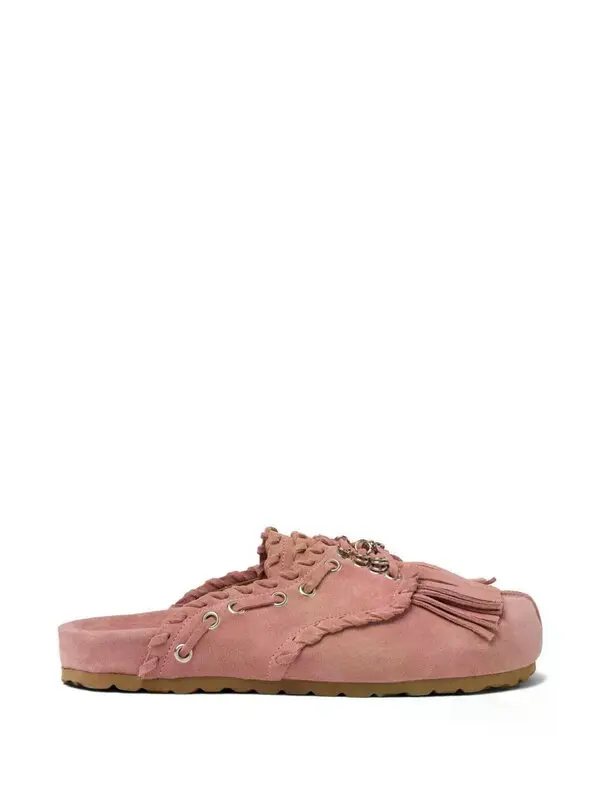 SCAROSSO Suede Mules With Fringe Detailing - Pink