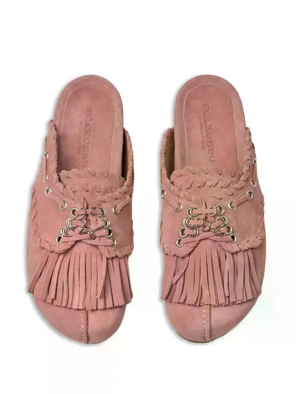 SCAROSSO Suede Mules With Fringe Detailing - Pink