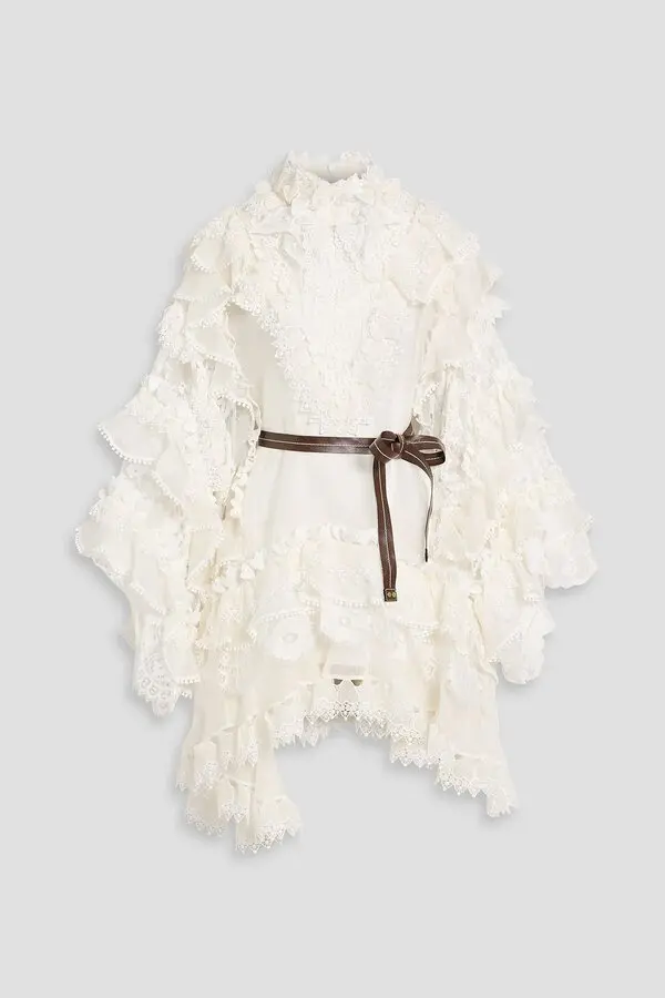 Zimmermann Ruffled Linen And Silk-blend Lace Mini Dress - White