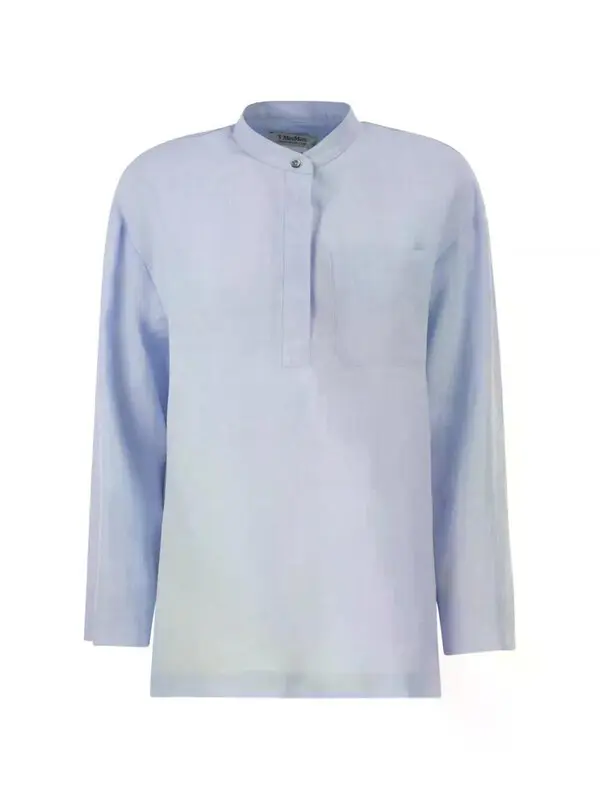 Max Mara Linen Polo Top With Mandarin Collar And Patch Pocket - Blue