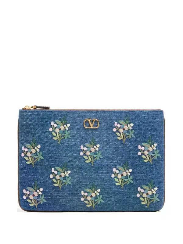 Valentino Garavani Vlogo Signature Embroidered Denim Clutch - Blue