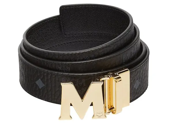 Mcm Claus M Gold Buckle Reversible Belt Visetos 1.5 51in/130cm - Black