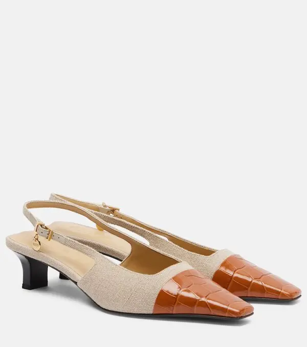 TOD'S Leather-trimmed Canvas Slingback Pumps - Beige