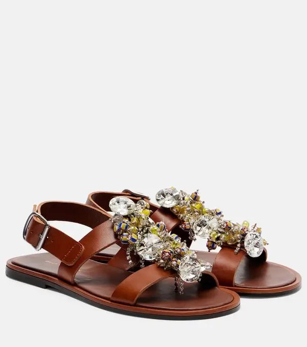 Dries Van Noten Embellished Leather Slingback Sandals - Brown