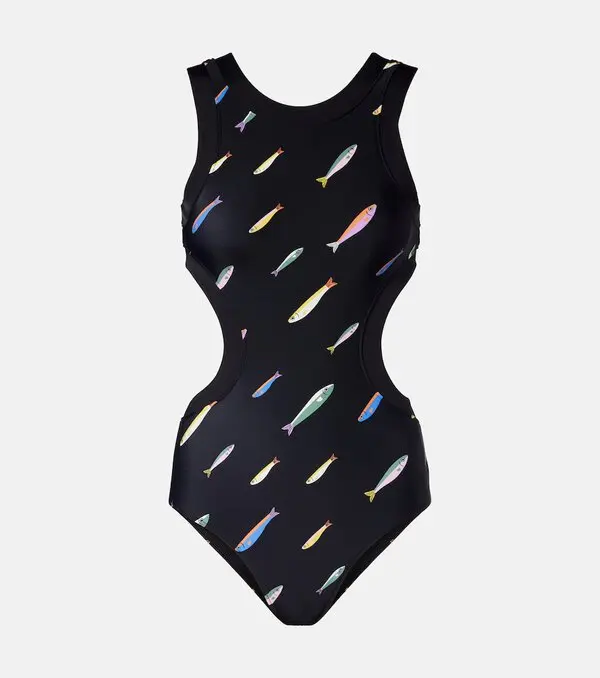 Staud Dolce Cutout Printed Swimsuit - Black