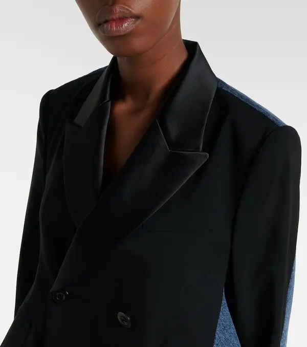 Sacai Double-breasted Denim And Wool Jacket - Black