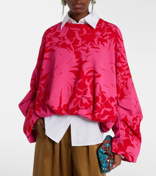 Dries Van Noten Draped Floral Cotton Jersey Sweatshirt - Red