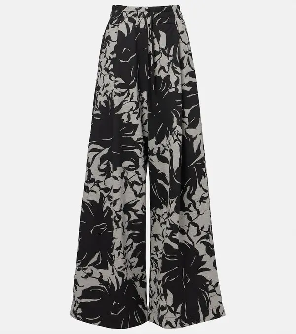 Dries Van Noten Floral Pleated Cotton Jersey Wide Leg Sweatpants - Black