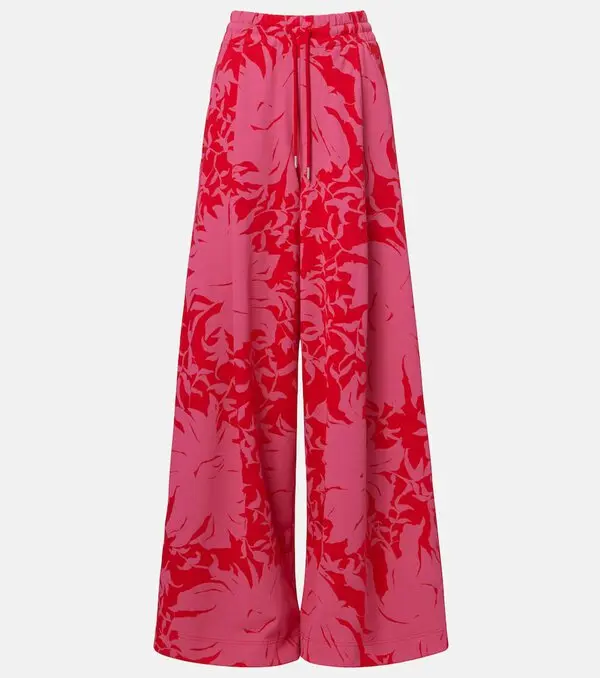 Dries Van Noten Floral Pleated Cotton Jersey Wide Leg Sweatpants - Red