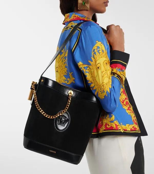 Versace La Medusa Suede Shoulder Bag - Black