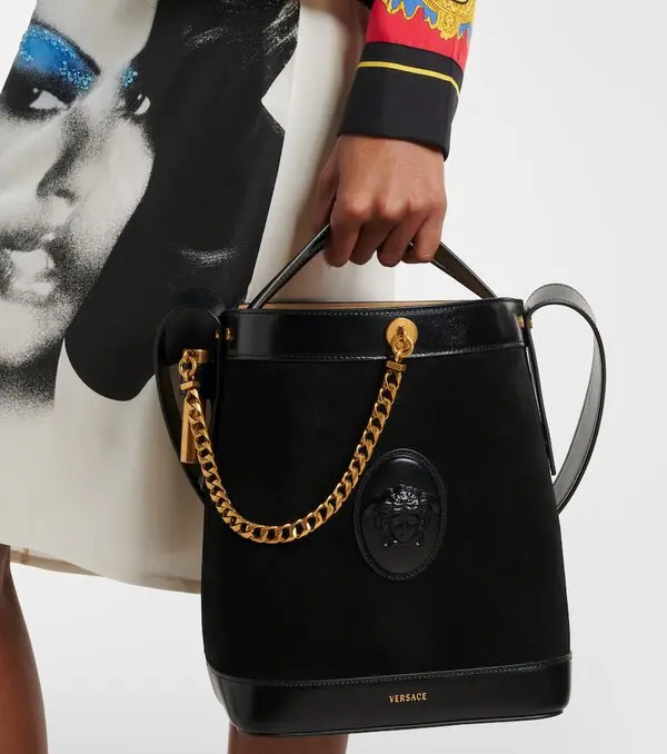Versace La Medusa Suede Shoulder Bag - Black