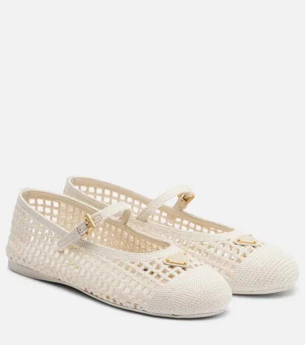 Prada Crochet Mary Jane Flats - White