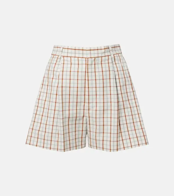 Victoria Beckham Checked Pleated Cotton Shorts - Beige
