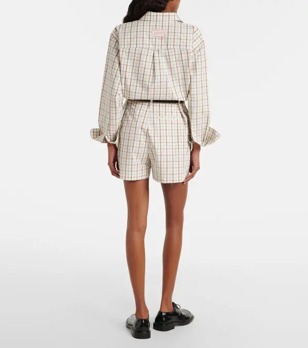 Victoria Beckham Checked Pleated Cotton Shorts - Beige