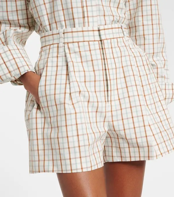 Victoria Beckham Checked Pleated Cotton Shorts - Beige