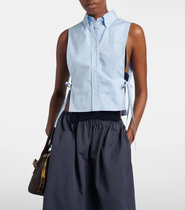 Miu Miu Cutout Cropped Cotton Poplin Shirt - Blue