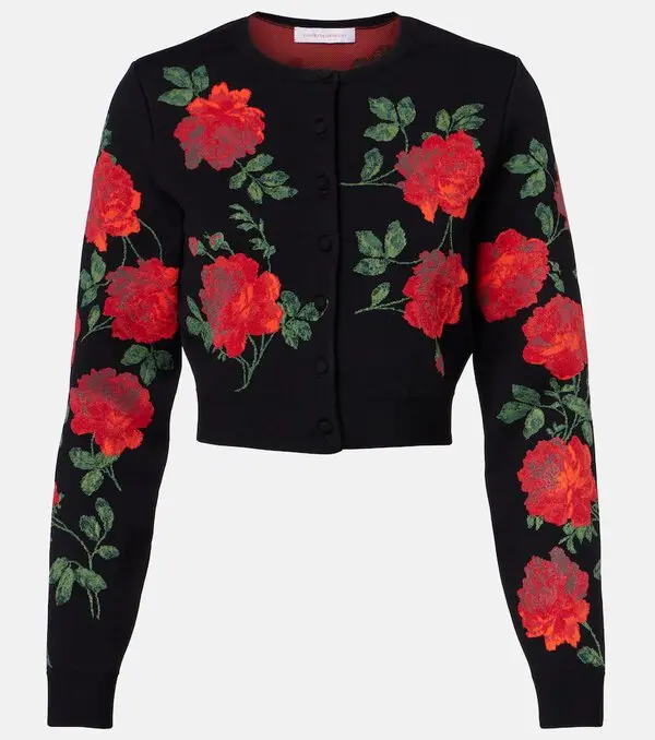 Carolina Herrera Floral Jacquard Cropped Cardigan - Black