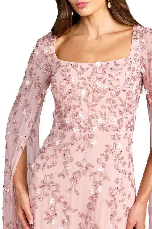 Mac Duggal Embellished Georgette Gown With Cape Sleeves - Rose