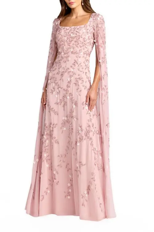 Mac Duggal Embellished Georgette Gown With Cape Sleeves - Rose