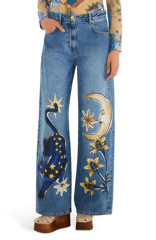Farm Rio Printed Wide Leg Jeans - Denim