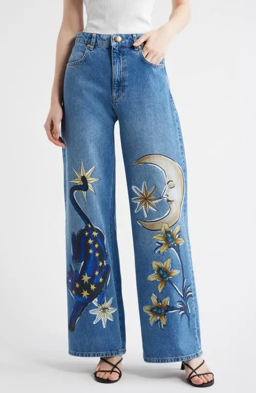 Farm Rio Printed Wide Leg Jeans - Denim
