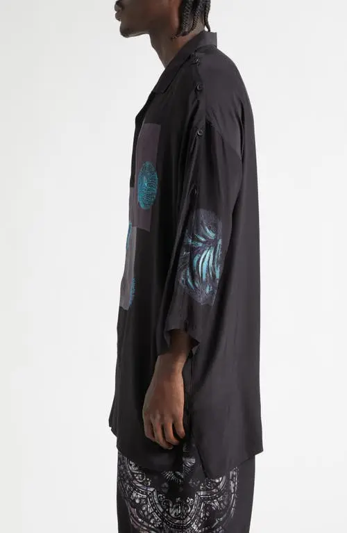 Yohji Yamamoto Button Shoulder Sea Creature Graphic Silk Button-up Shirt