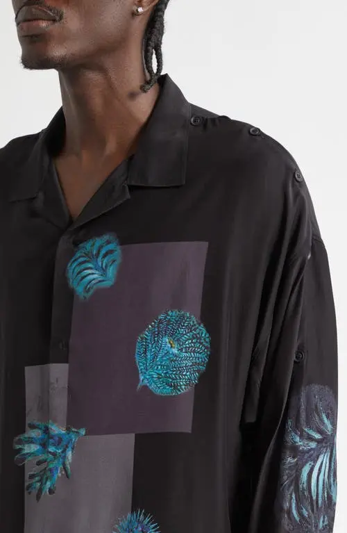 Yohji Yamamoto Button Shoulder Sea Creature Graphic Silk Button-up Shirt